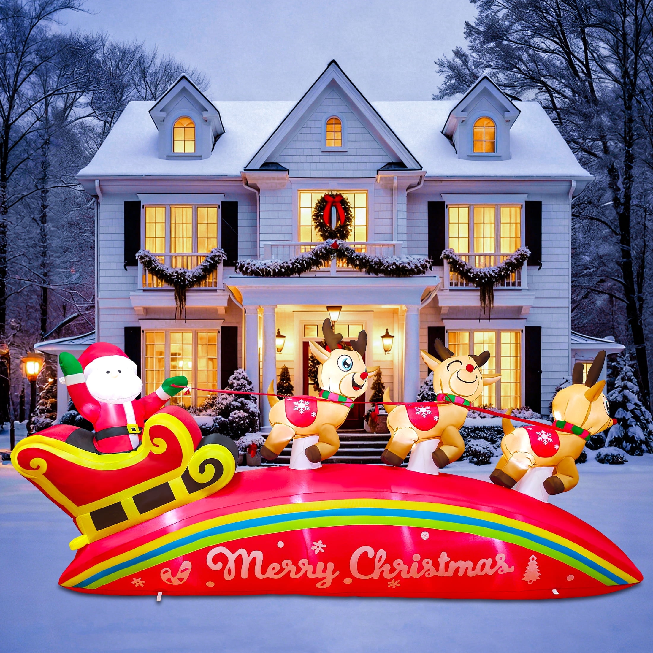 10Ft Giant Christmas Inflatables Santa Sleigh & Reindeer Outdoor ...
