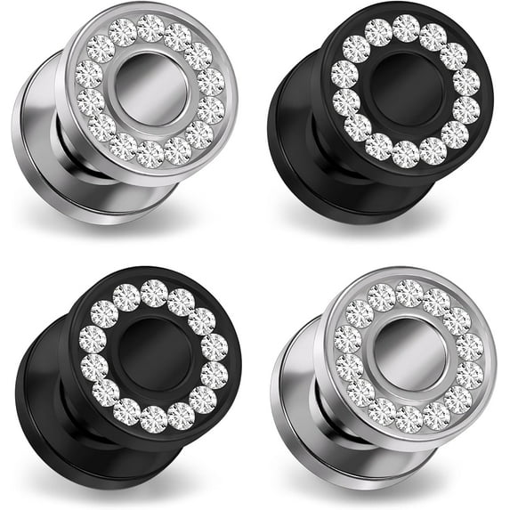 10G-00G Black Silver Plated Zircon Gauges for Ears 316L Surgical Steel ...