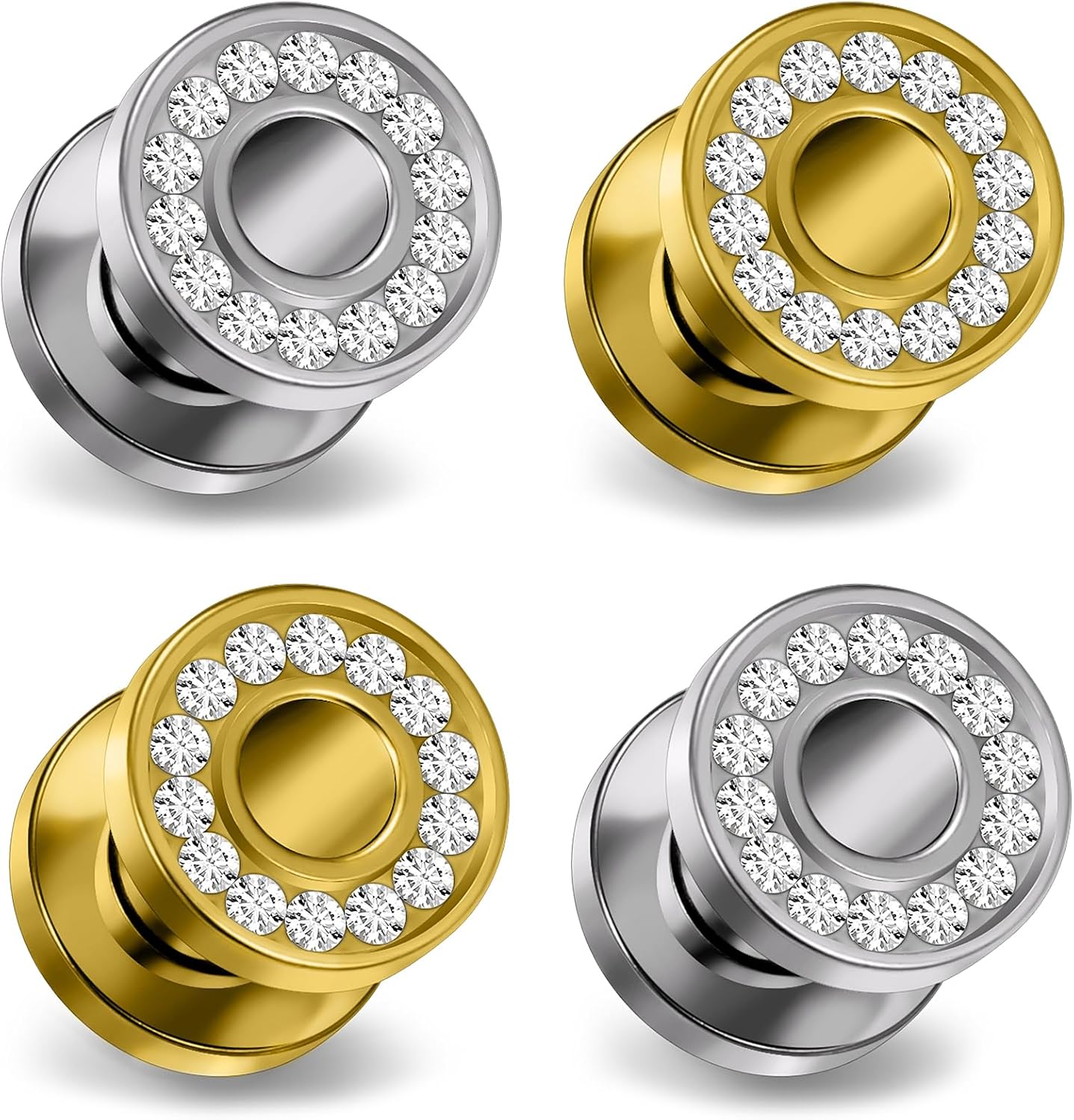 10G-00G Gold Silver Plated Zircon Gauges for Ears 316L Surgical Steel ...