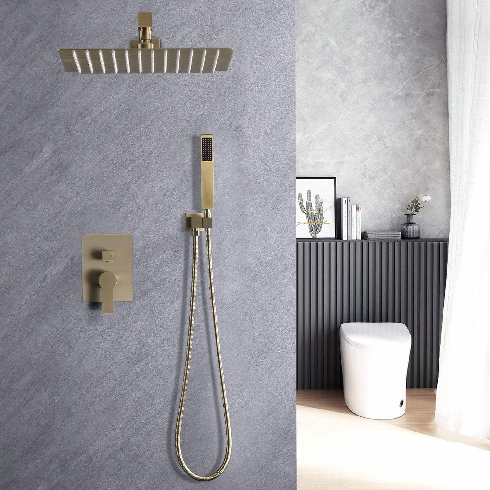 10Inch Brushed Gold Brass Rainfall Shower System, Luxuly Bathroom ...