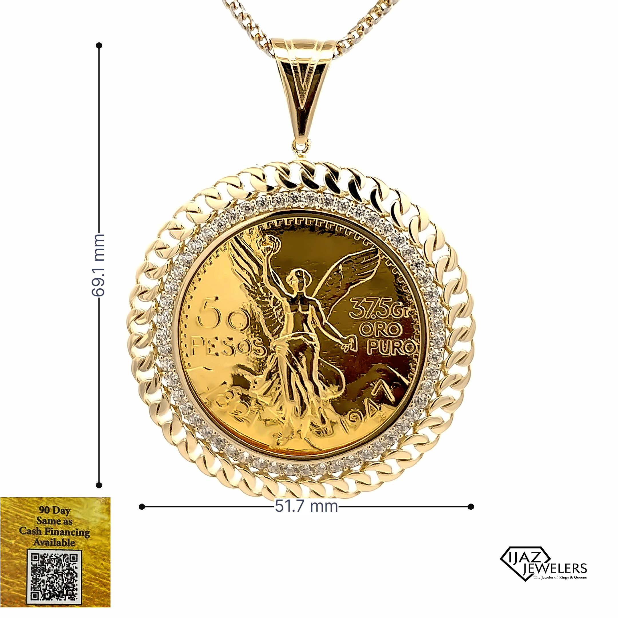 10K Gold Centenario Replica W/ CZ Cuban Link Border Bezel Charm ...