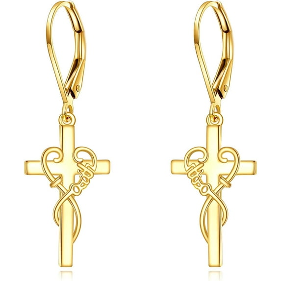 10K Gold Cross Earrings for Women Christian Cross Dangle Earrings Fine ...