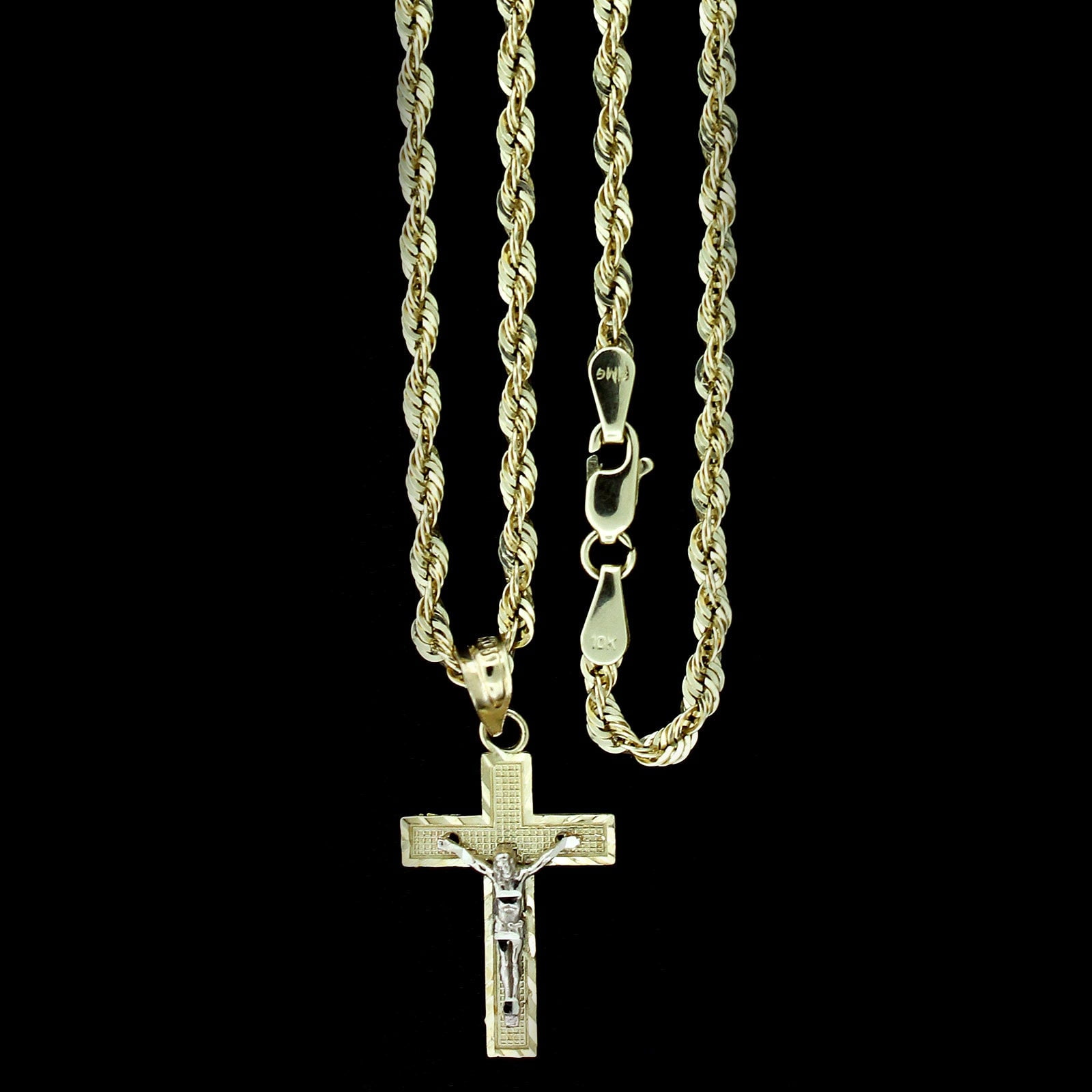 10K Real Yellow Gold Diamond Cut Jesus Crucifix Cross Pendant & 2.5mm ...