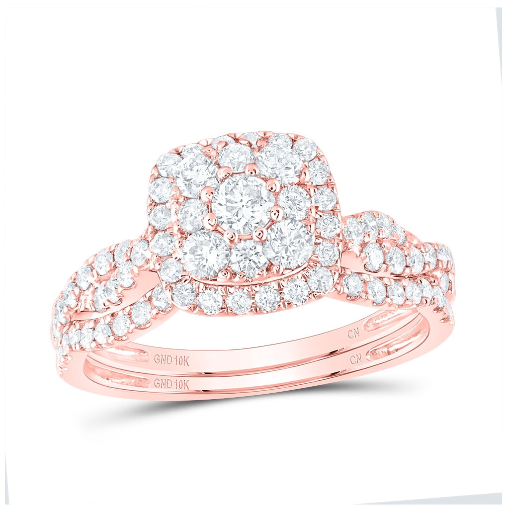 10K Rose Gold Round Diamond Square Halo Bridal Wedding Ring Band Set 1 ...