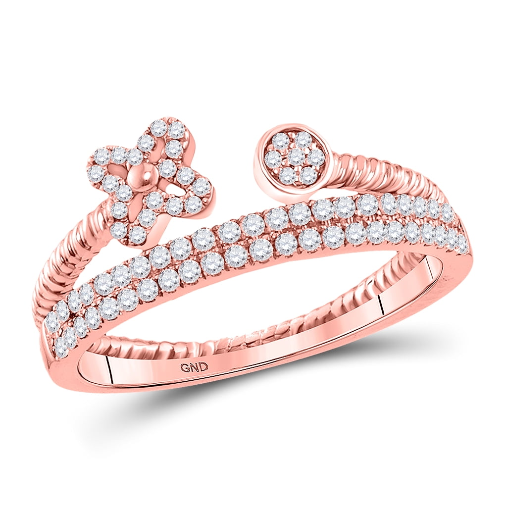 10K Rose Gold Womens Round Diamond Flower Bisected Stackable Band Ring ...