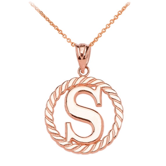 10K Rose Solid Gold Initial in Rope Circle Pendant / Necklace Initial S ...