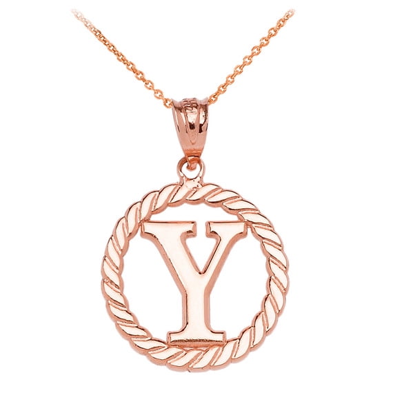10K Rose Solid Gold Initial in Rope Circle Pendant / Necklace Initial Y ...