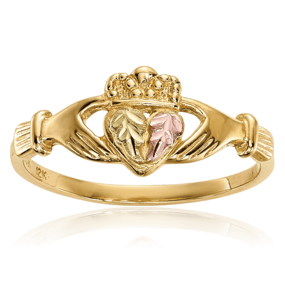 10K Solid Tri Color Pink White Yellow Black Hills Gold Heart Irish Claddagh Celtic Flower Ring ...