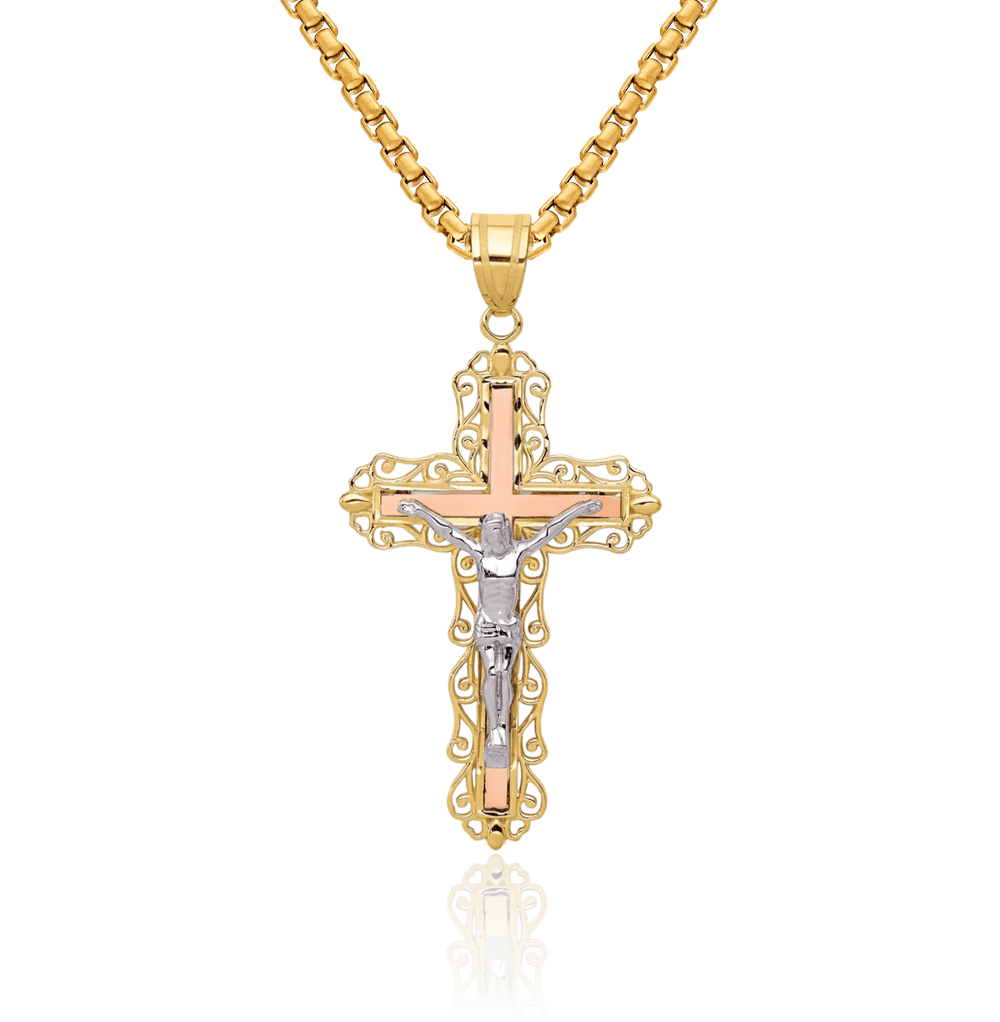 10K Solid Tri Color Pink White Yellow Gold Lord Jesus Christ Crucifix Holy Cross Necklace ...