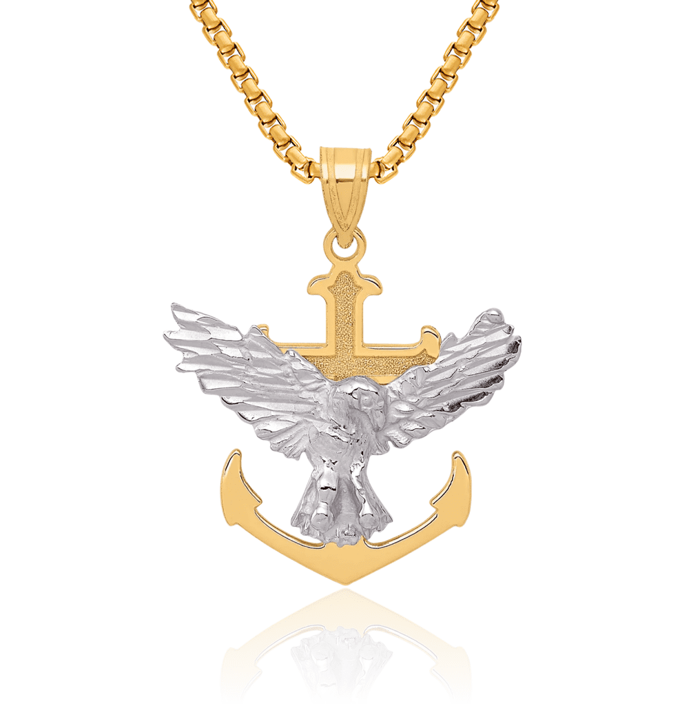 10K Solid Two Tone Gold Anchor Mariner Cross Eagle Necklace American ...