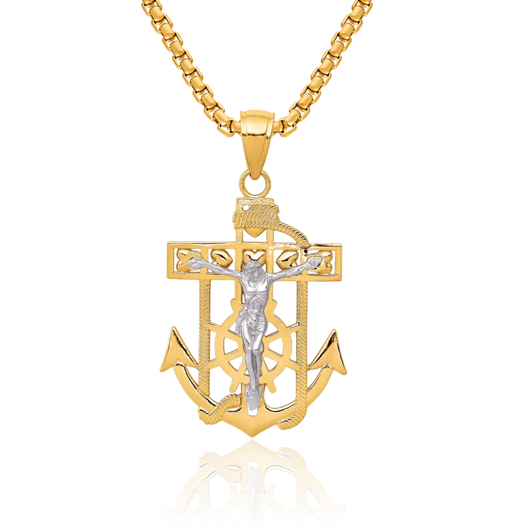 10K Solid Two Tone Gold Anchor Mariner Lord Jesus Christ Crucifix Holy ...