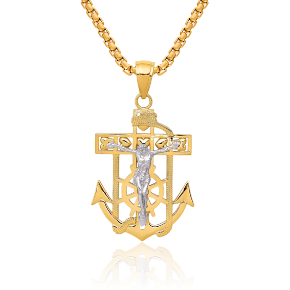 10K Solid Two Tone Gold Anchor Mariner Lord Jesus Christ Crucifix Holy ...