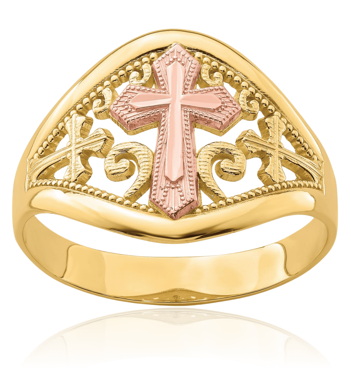 10K Solid Two Tone Gold Holy Cross Ring Christian Religious Band ...