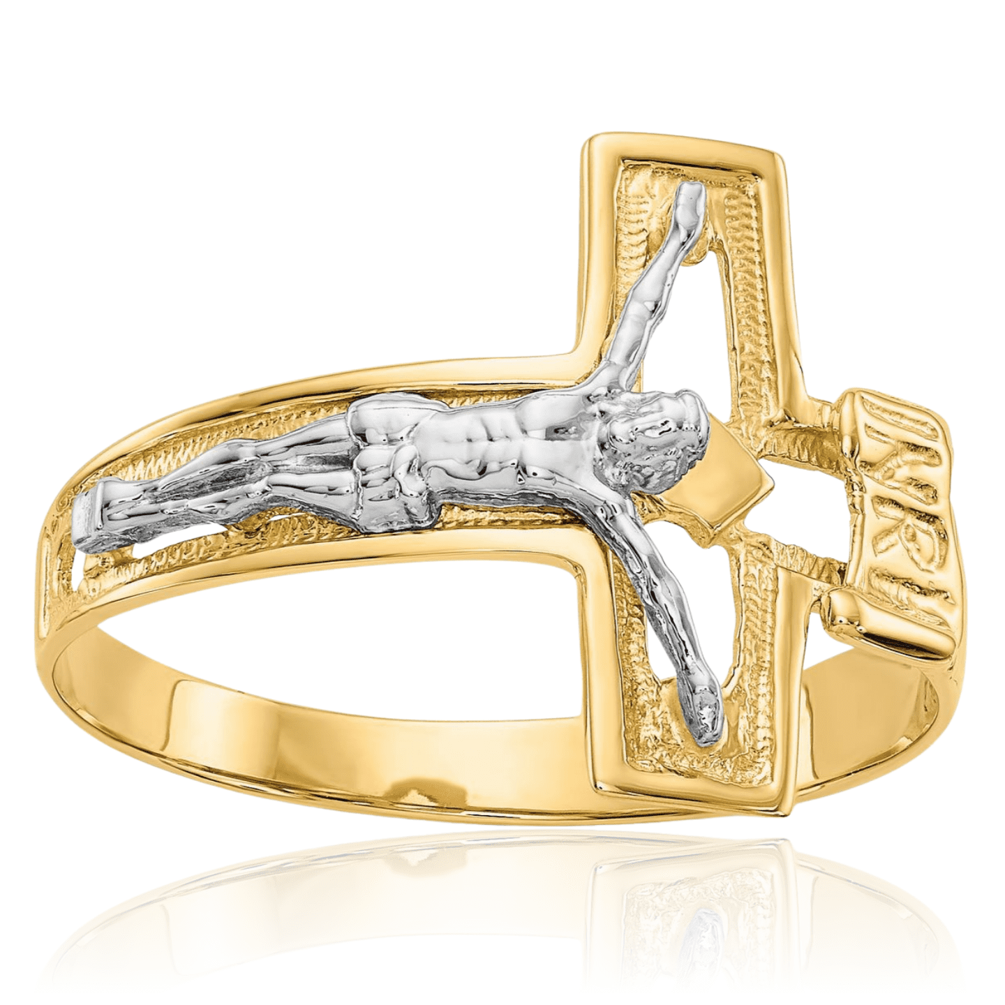 10K Solid Two Tone Gold Lord Jesus Christ Crucifix Holy Cross Mens Ring ...