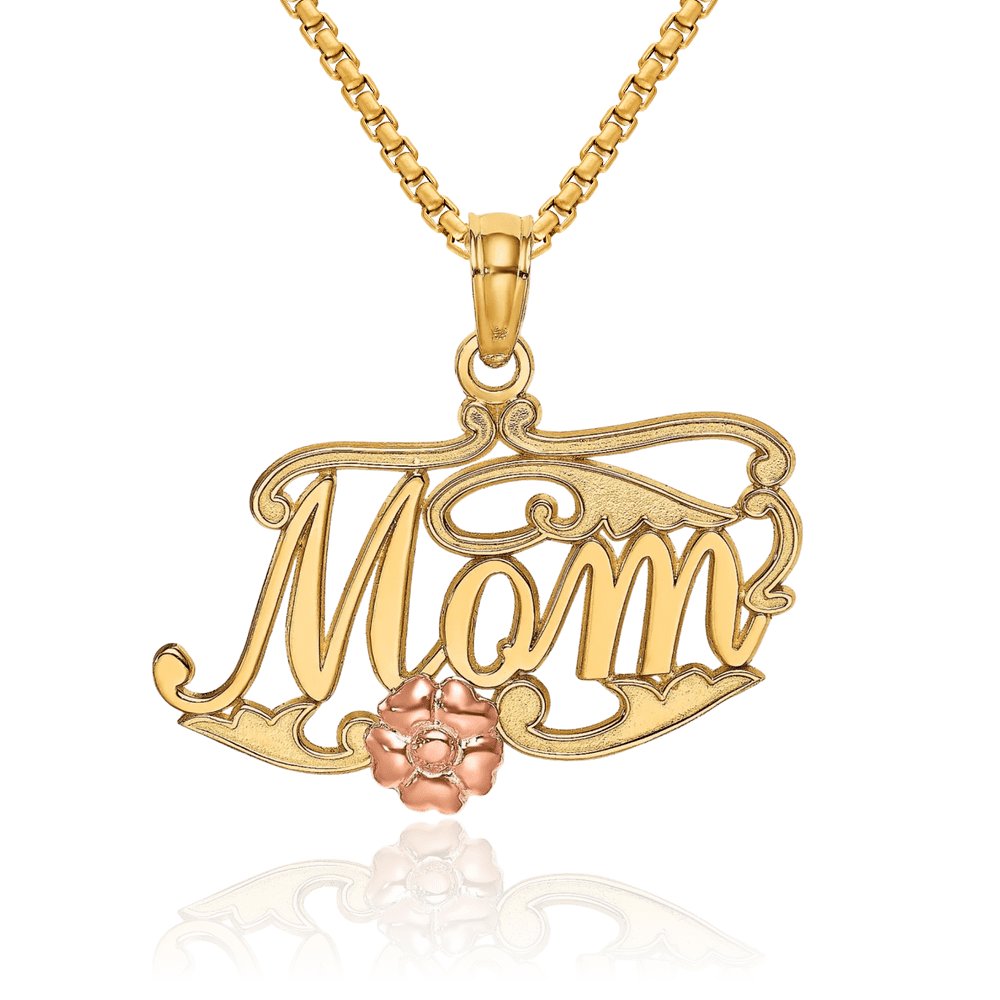 10K Solid Two Tone Gold Mom Rose Flower Necklace Mama Charm Mother ...