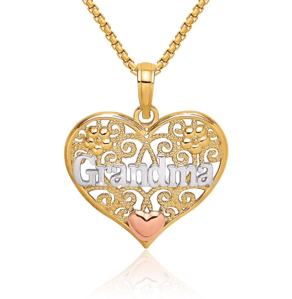10K Solid Two Tone Gold White Grandma Heart Necklace Nana Charm ...