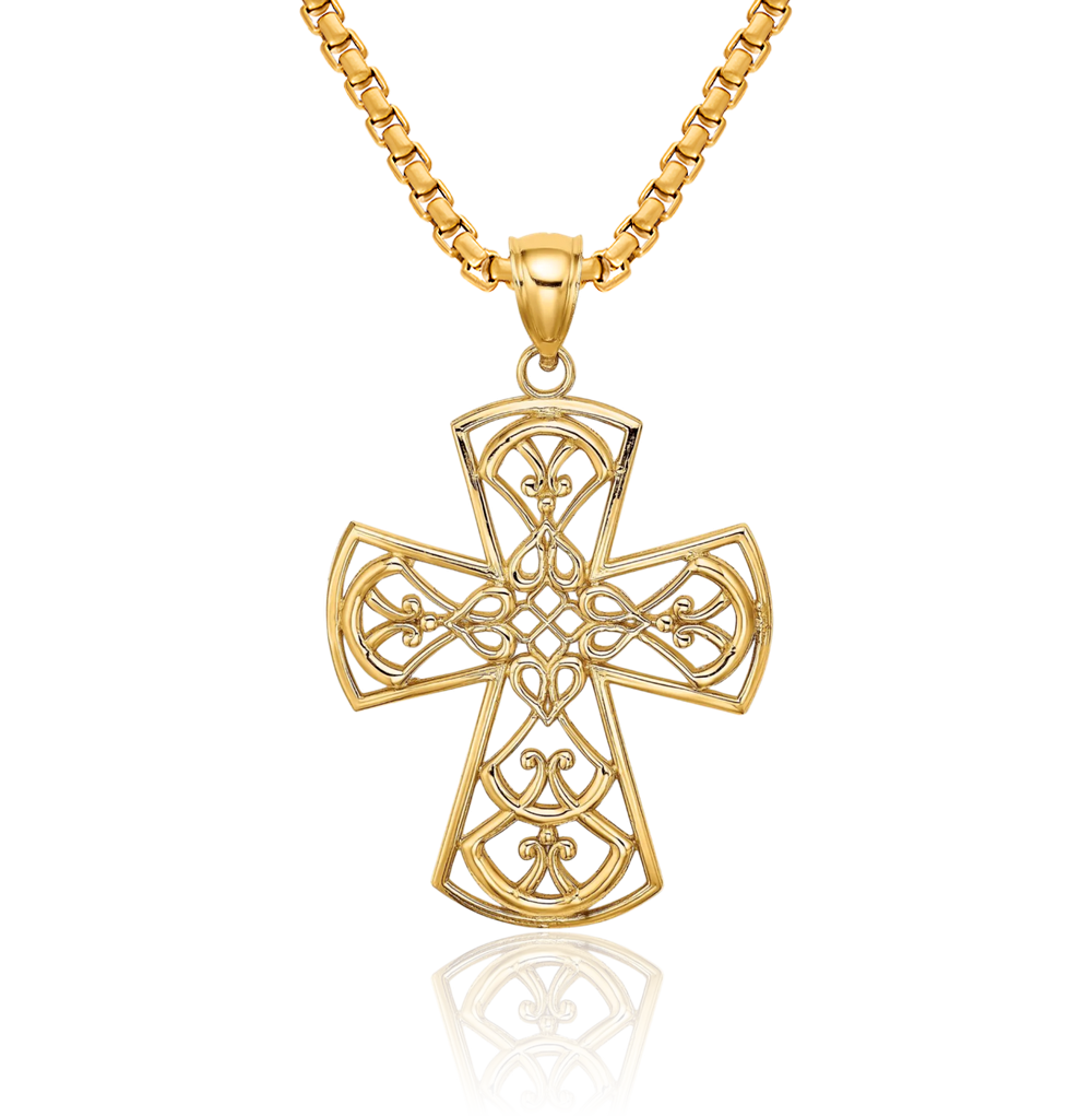 10K Solid Yellow Gold Antique Filigree Holy Cross Necklace Religious ...