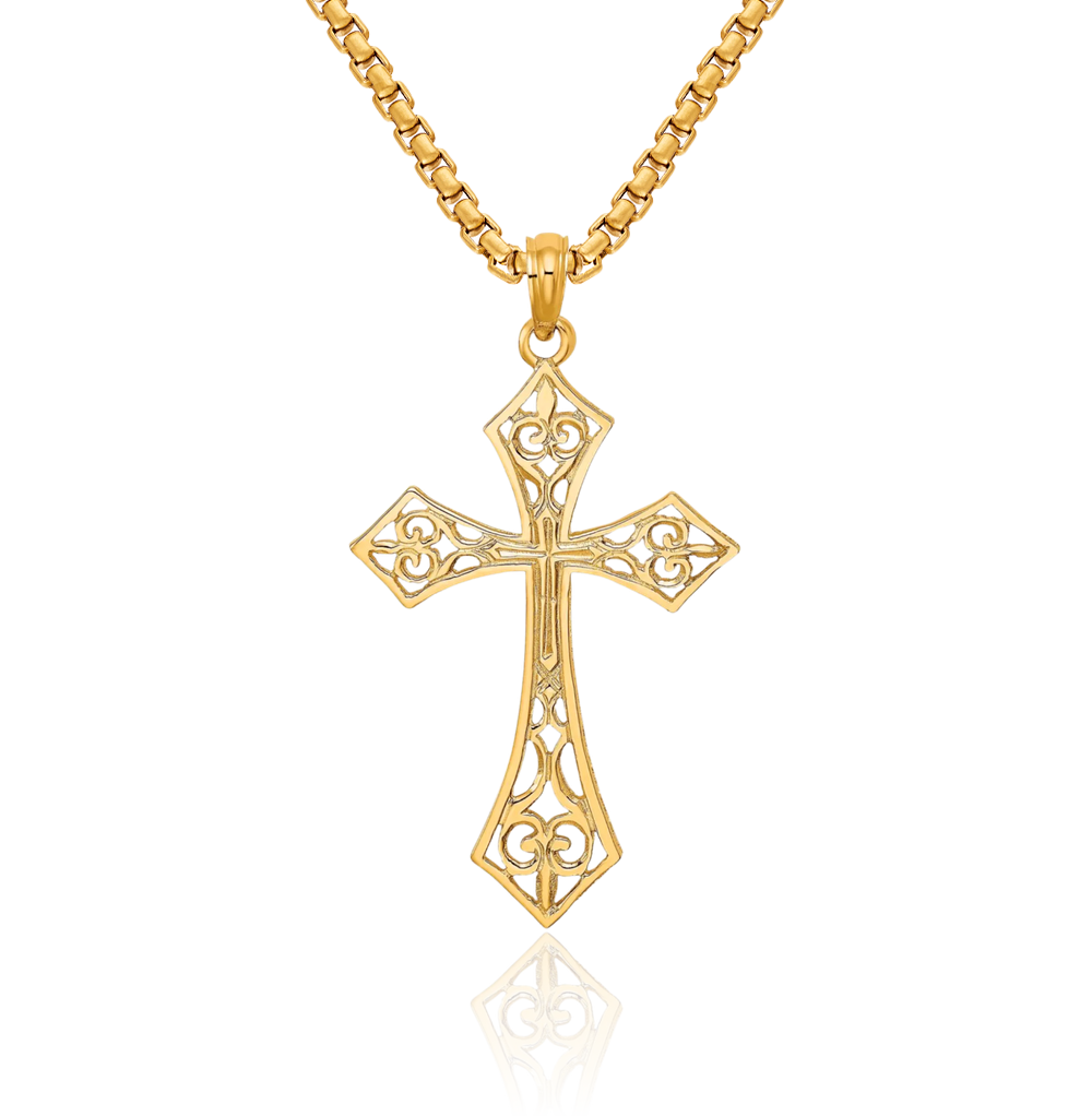 10K Solid Yellow Gold Antique Filigree Holy Cross Necklace Religious ...