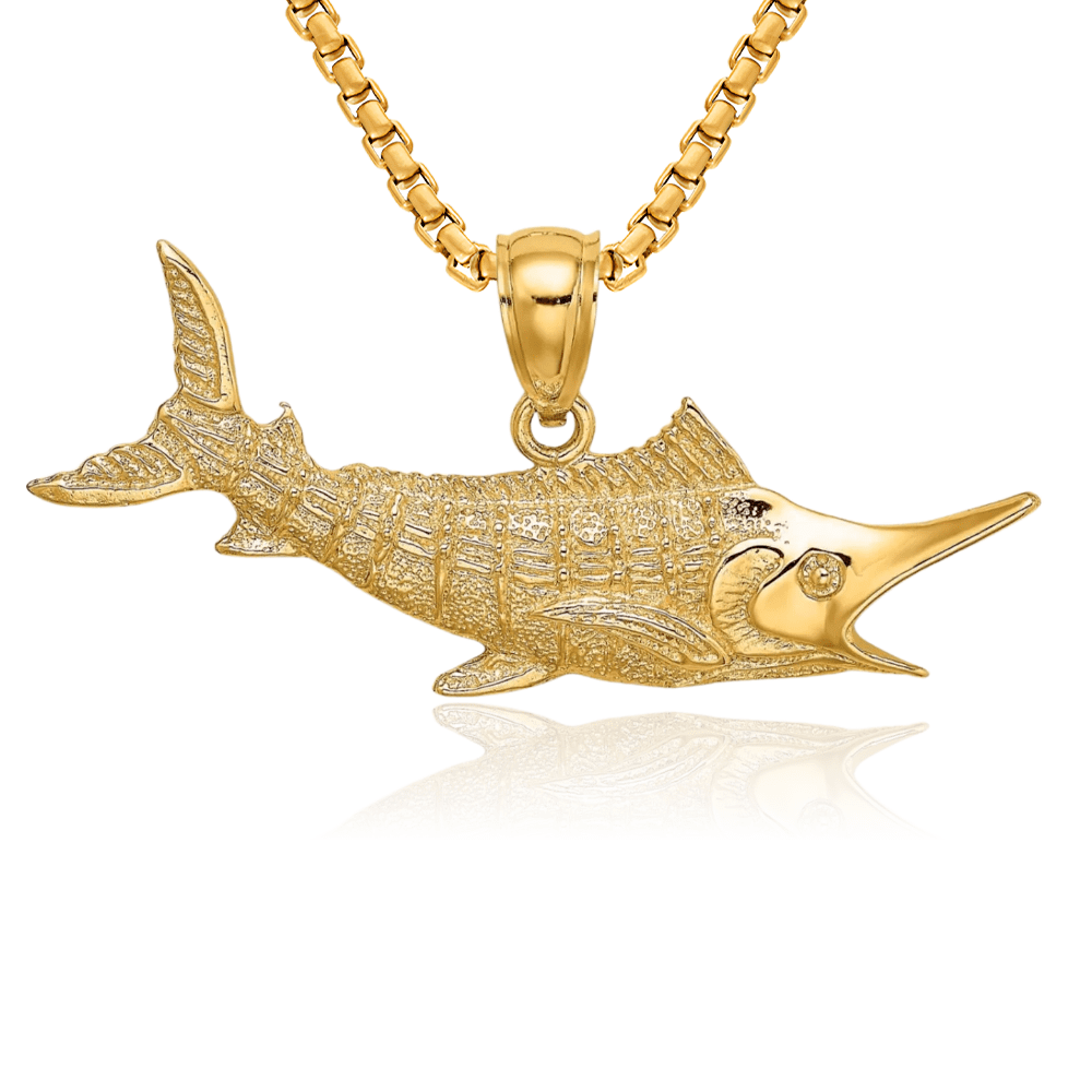10K Solid Yellow Gold Blue Marlin Fish Necklace Chain Pendant Charm ...