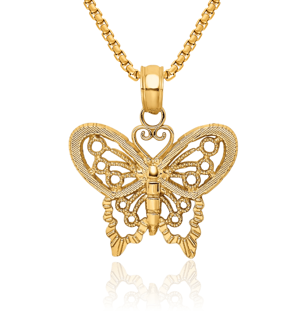 10K Solid Yellow Gold Butterfly Wings Necklace Chain Pendant Charm with ...