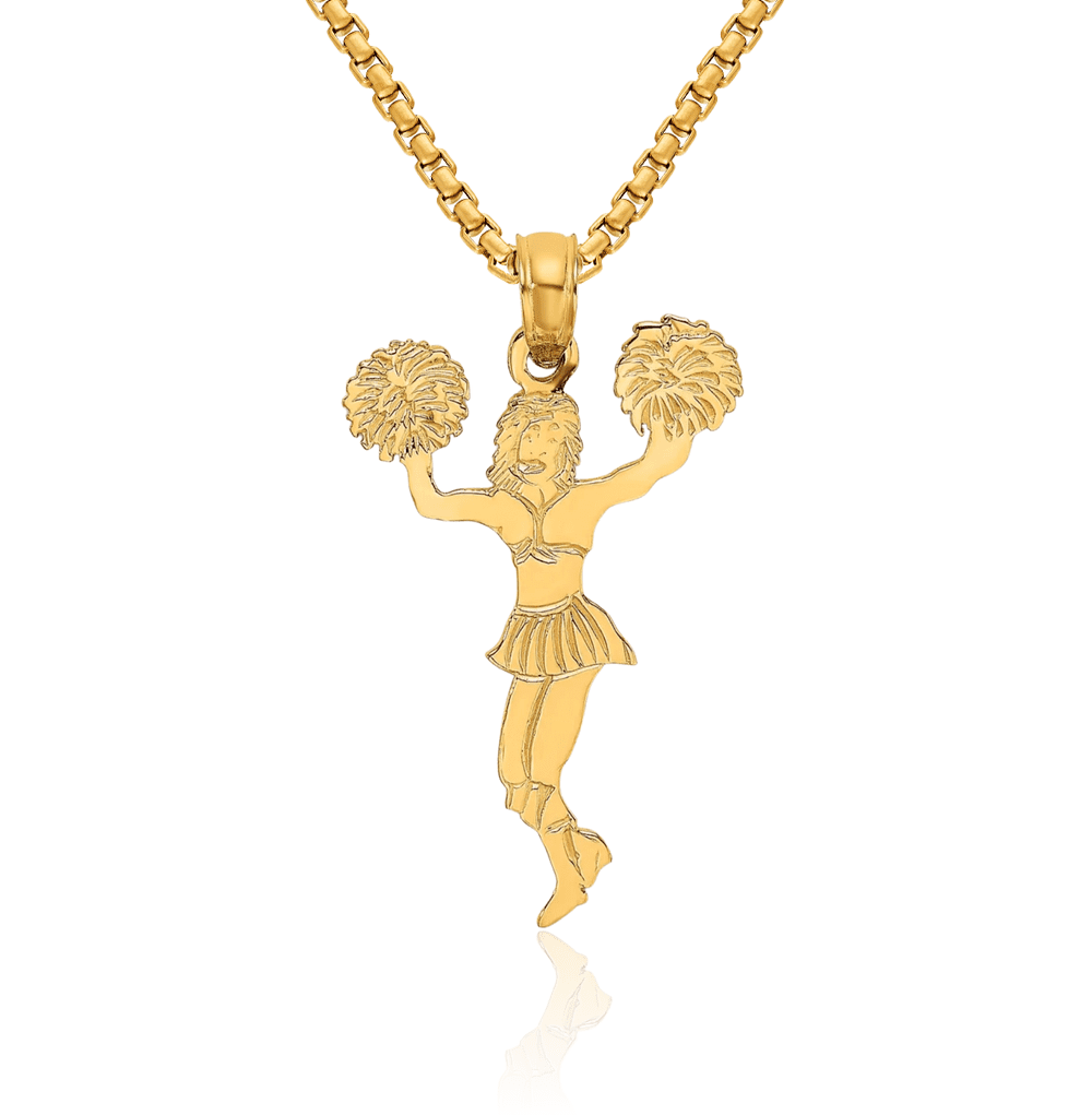 10K Solid Yellow Gold Cheerleader Pom Poms Necklace Cheerleading Charm ...
