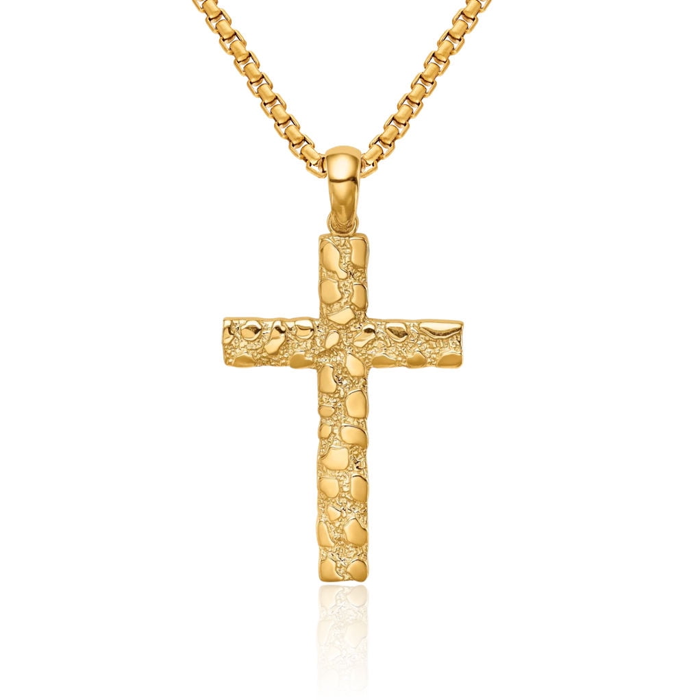 10K Solid Yellow Gold Chunky Nugget Latin Mexican Holy Cross Necklace ...