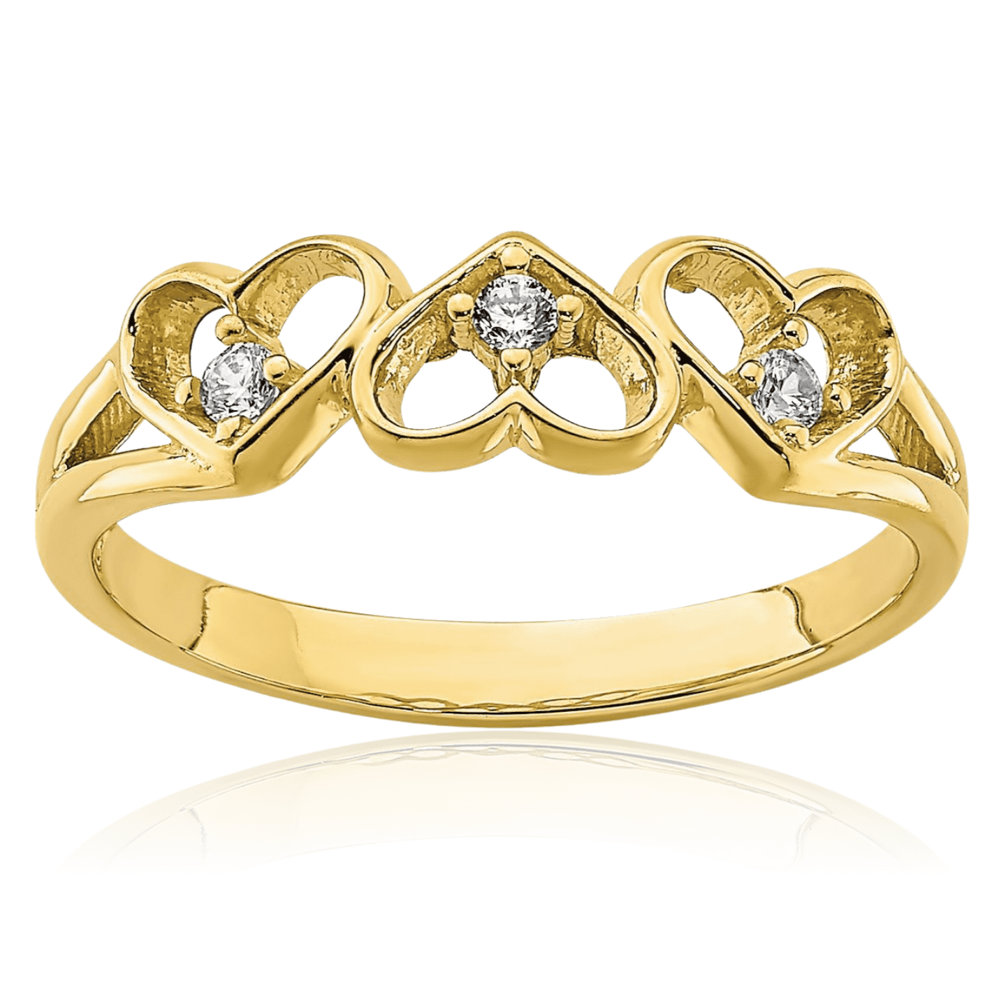10K Solid Yellow Gold Cubic Zirconia CZ 3 Heart Ring Love Band ...
