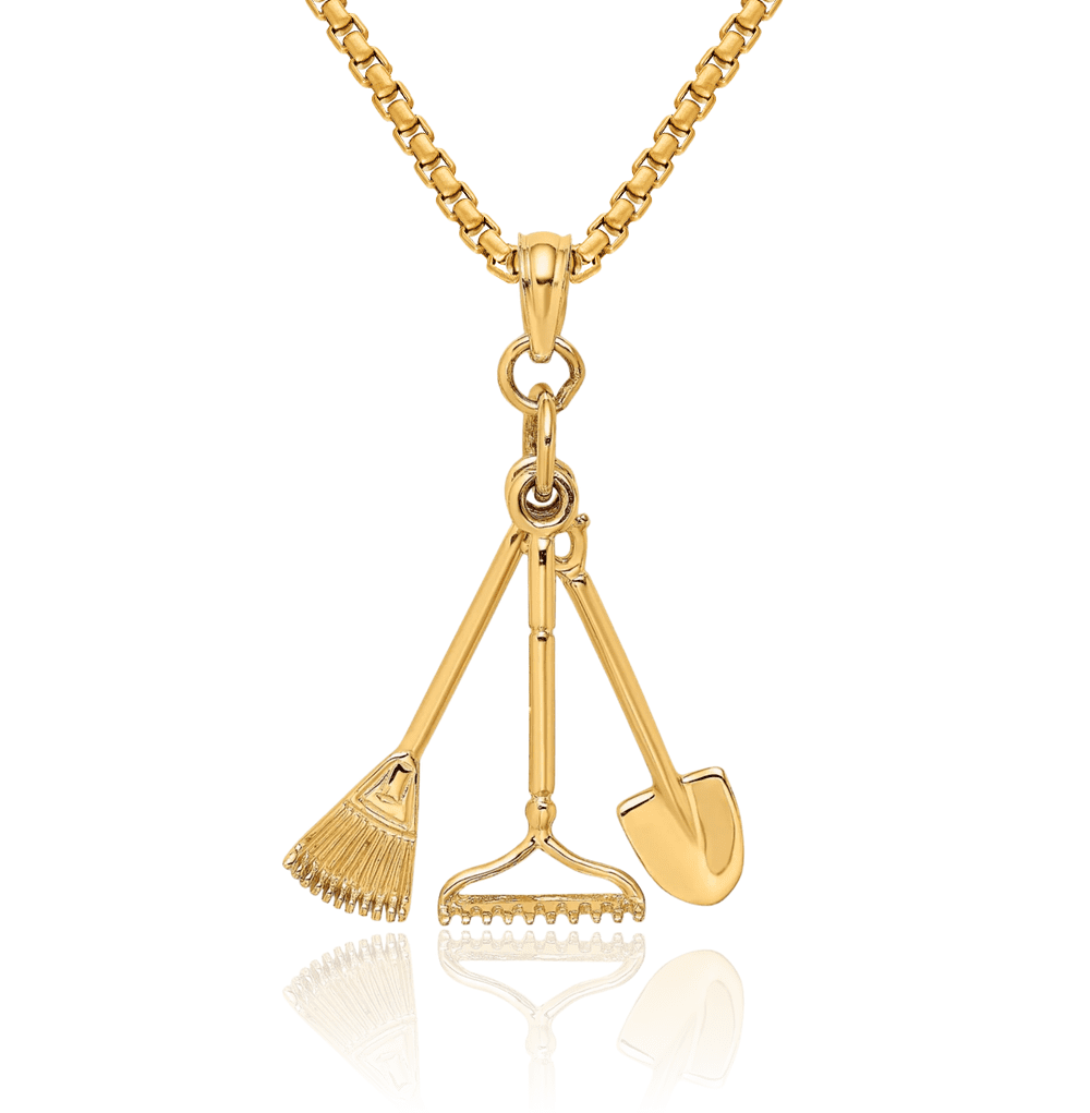 10K Solid Yellow Gold Dangling Garden Tool Necklace Chain Pendant Charm ...
