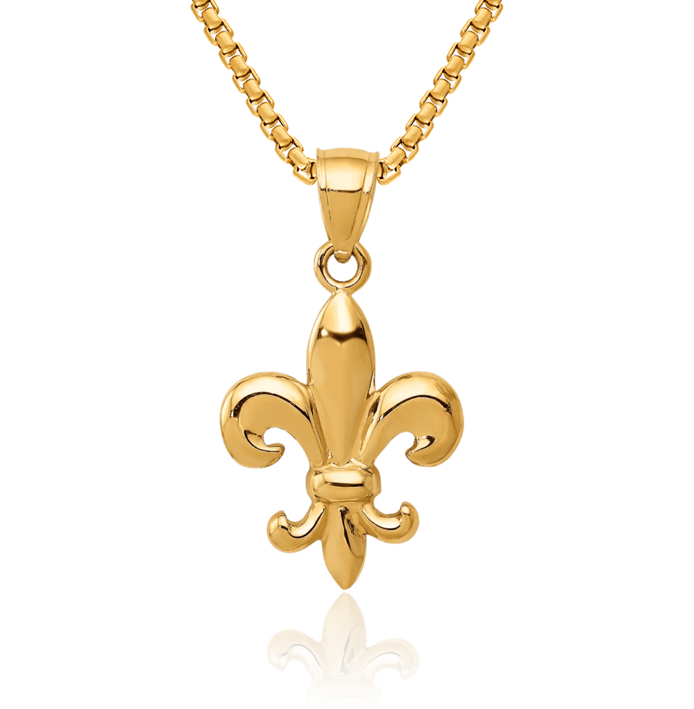 10K Solid Yellow Gold French Fleur De Lis Lily Flower Necklace Religious Chain Pendant Saint ...