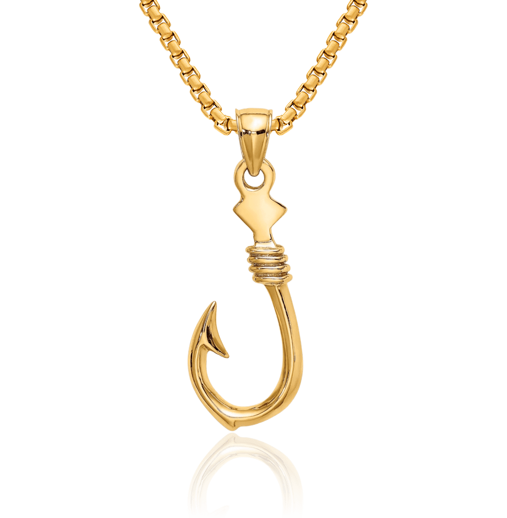 10K Solid Yellow Gold Hawaiian Fish Hook Rope Necklace Chain Pendant ...