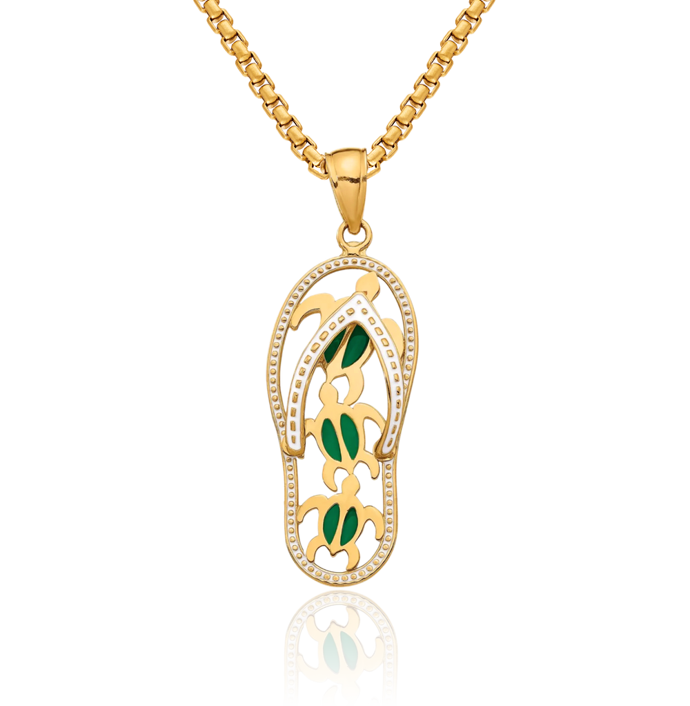 10K Solid Yellow Gold Hawaiian Flip Flop Sandals Sea Turtles Necklace ...