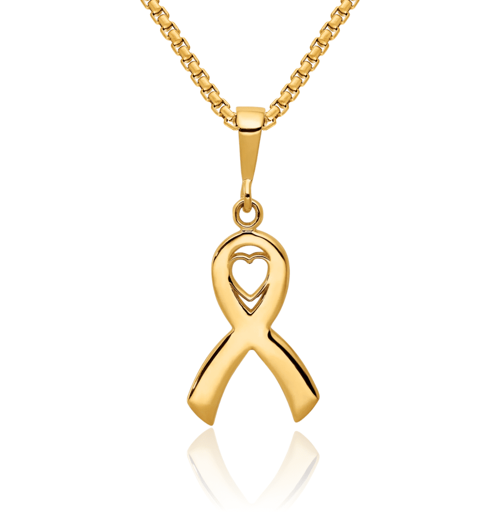 10K Solid Yellow Gold Heart Cancer Awareness Ribbon Necklace Chain ...
