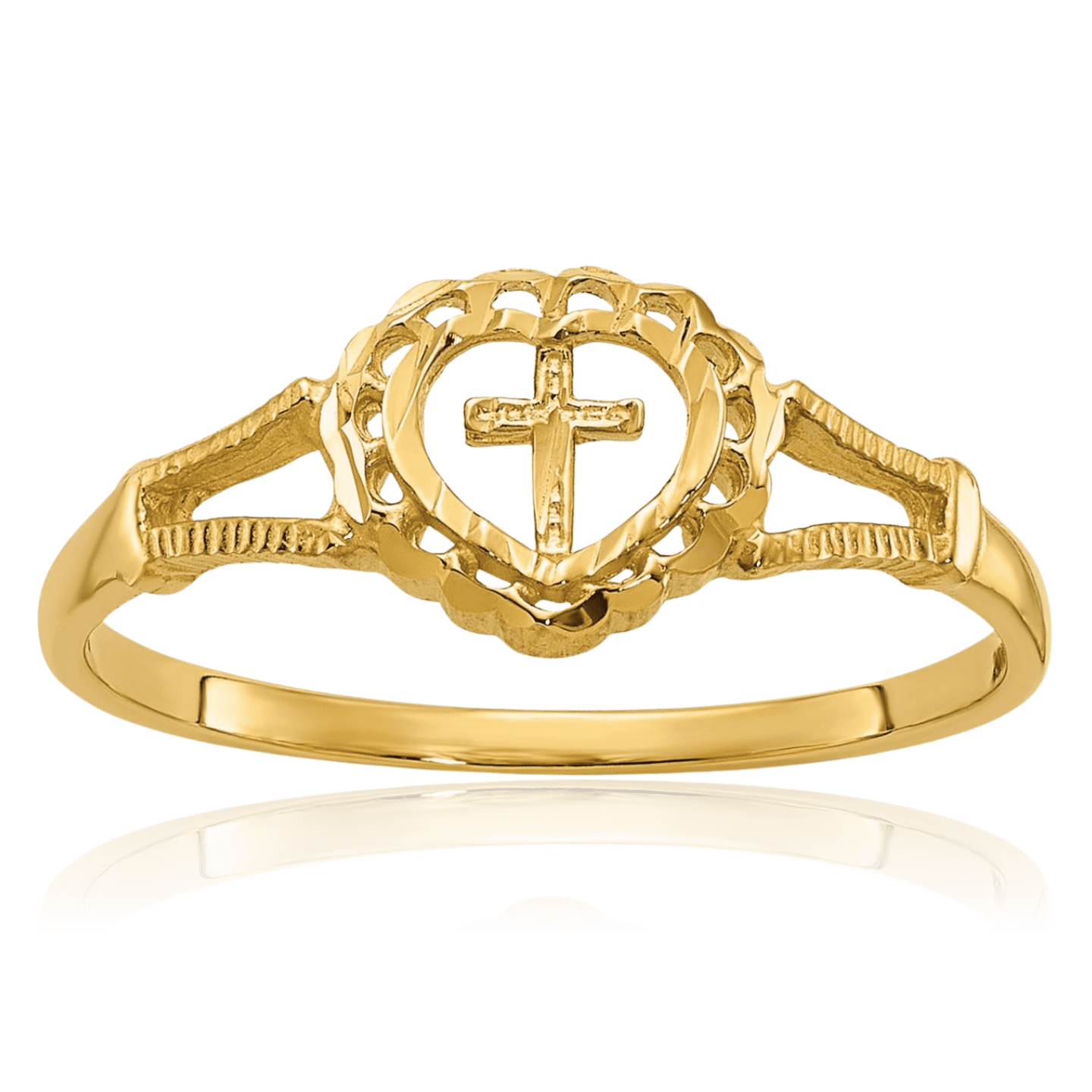 10K Solid Yellow Gold Heart Holy Cross Ring Christian Religious Band ...