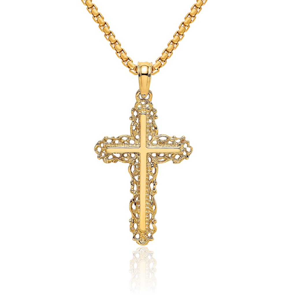 10K Solid Yellow Gold Holy Cross Antique Filigree Necklace Religious ...