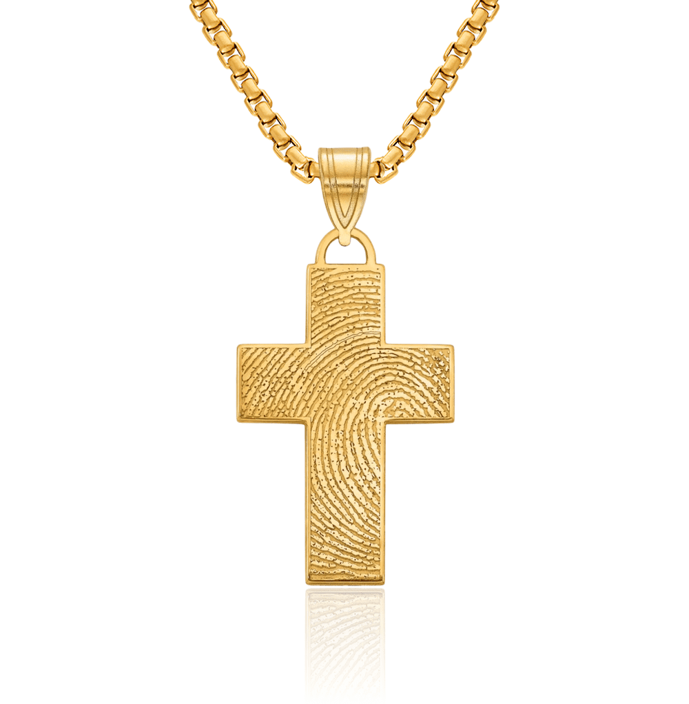 10K Solid Yellow Gold Holy Cross Fingerprint Necklace Religious Chain ...