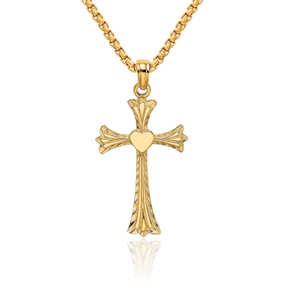 10K Solid Yellow Gold Holy Cross Heart Necklace Religious Chain Pendant ...