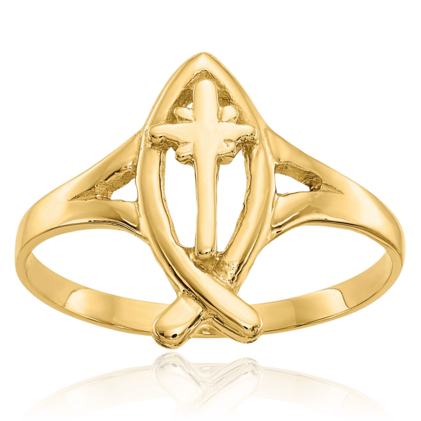10K Solid Yellow Gold Ichthus Fish Symbol Holy Cross Religious Ring ...