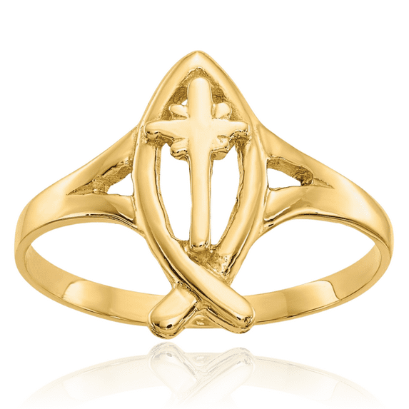 10K Solid Yellow Gold Ichthus Fish Symbol Holy Cross Religious Ring ...