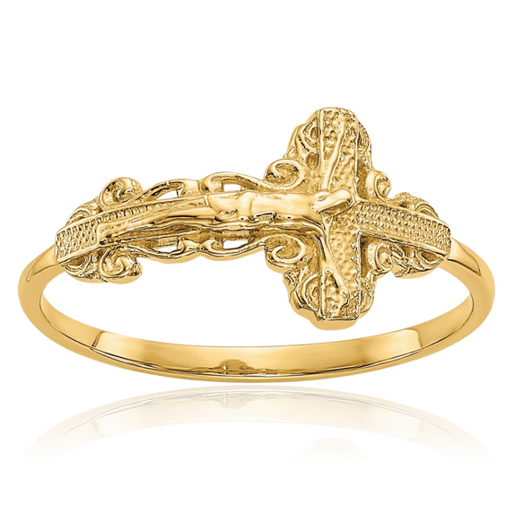 10K Solid Yellow Gold Lord Jesus Christ Crucifix Holy Cross Ring Christian Religious Band ...