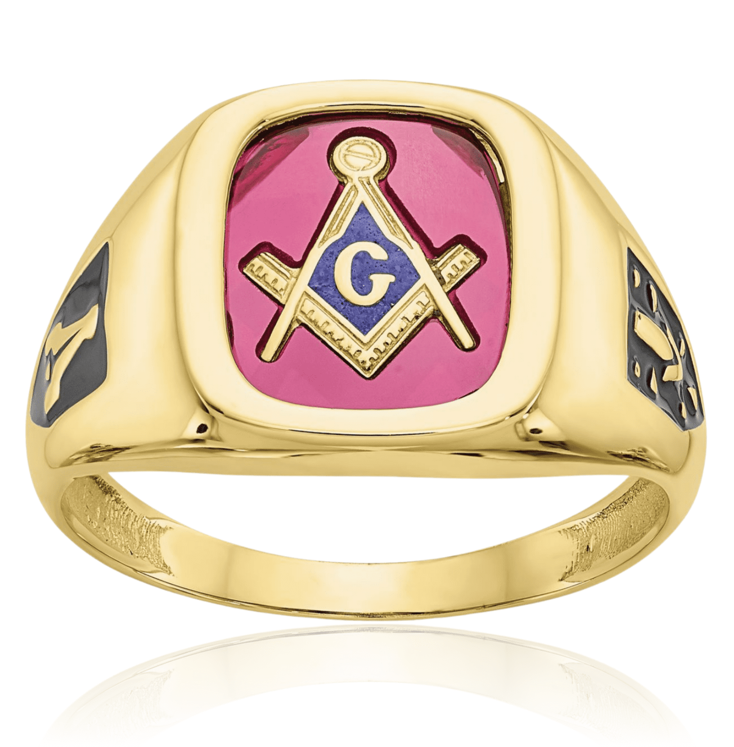 10K Solid Yellow Gold Mens Black Lab Red Ruby Master Mason Signet Freemason Masonic Ring ...