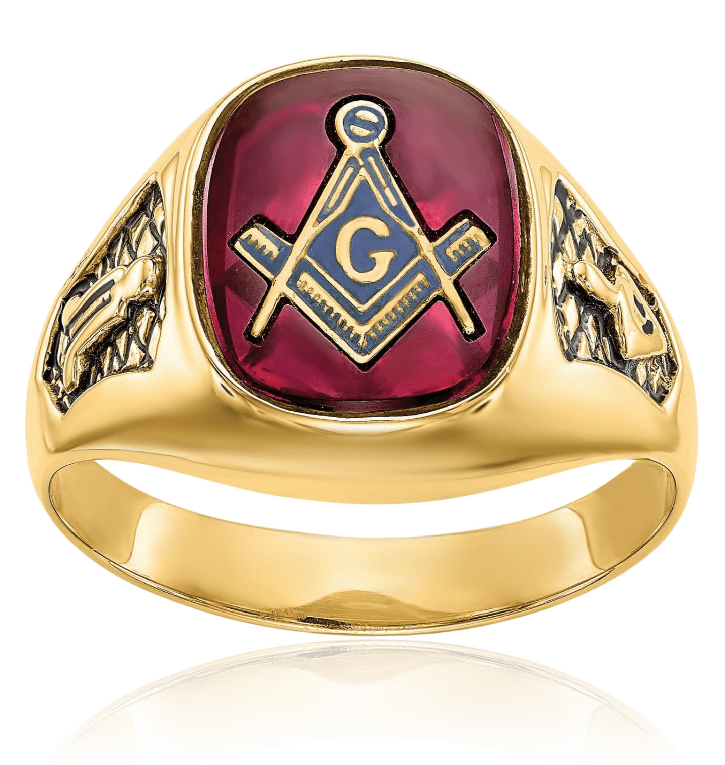 10K Solid Yellow Gold Mens Black Lab Red Ruby Master Mason Signet ...