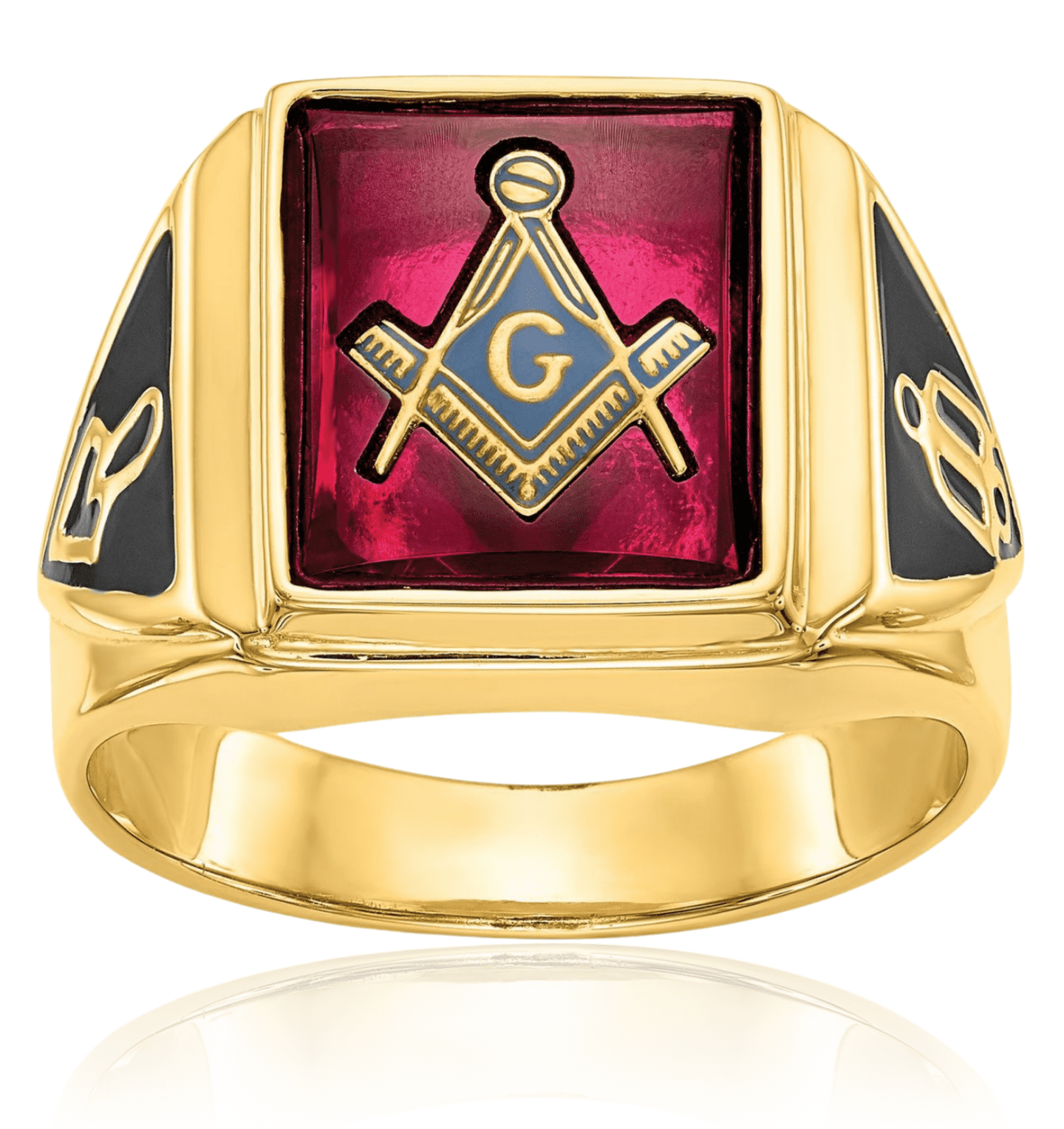 10K Solid Yellow Gold Mens Black Lab Red Ruby Master Mason Signet Freemason Masonic Ring ...