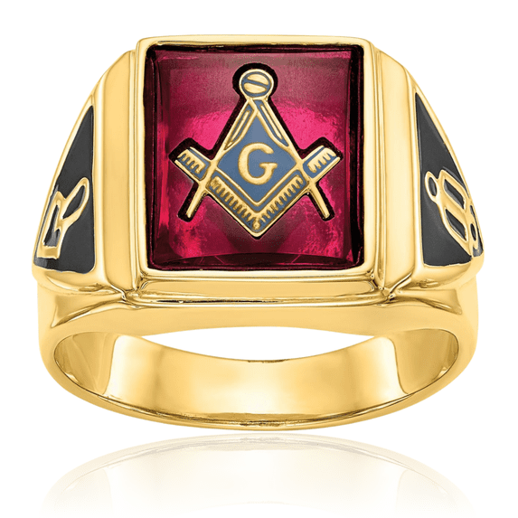 10K Solid Yellow Gold Mens Black Lab Red Ruby Master Mason Signet ...