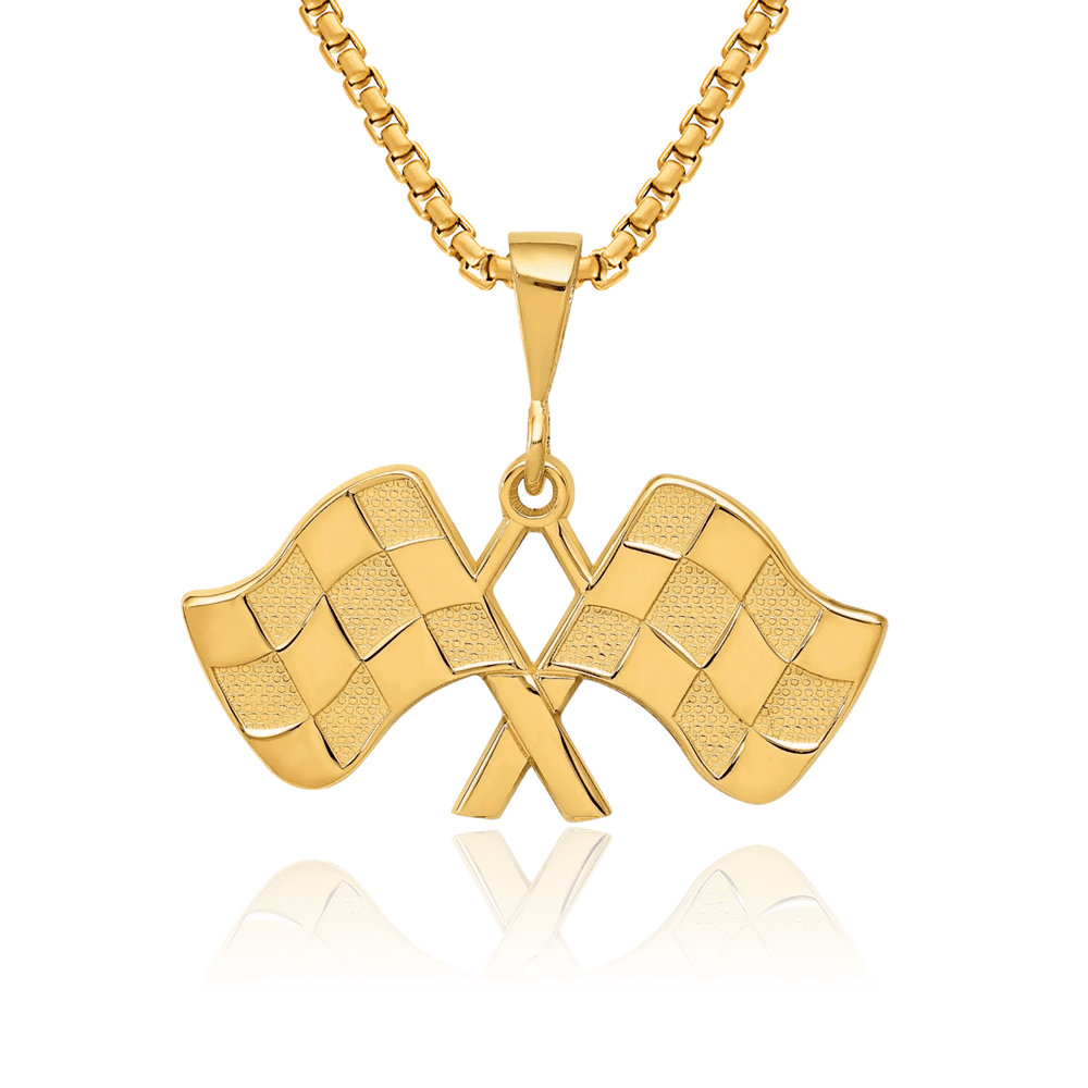 10K Solid Yellow Gold Racing Flags Necklace Charm Sports Pendant with ...