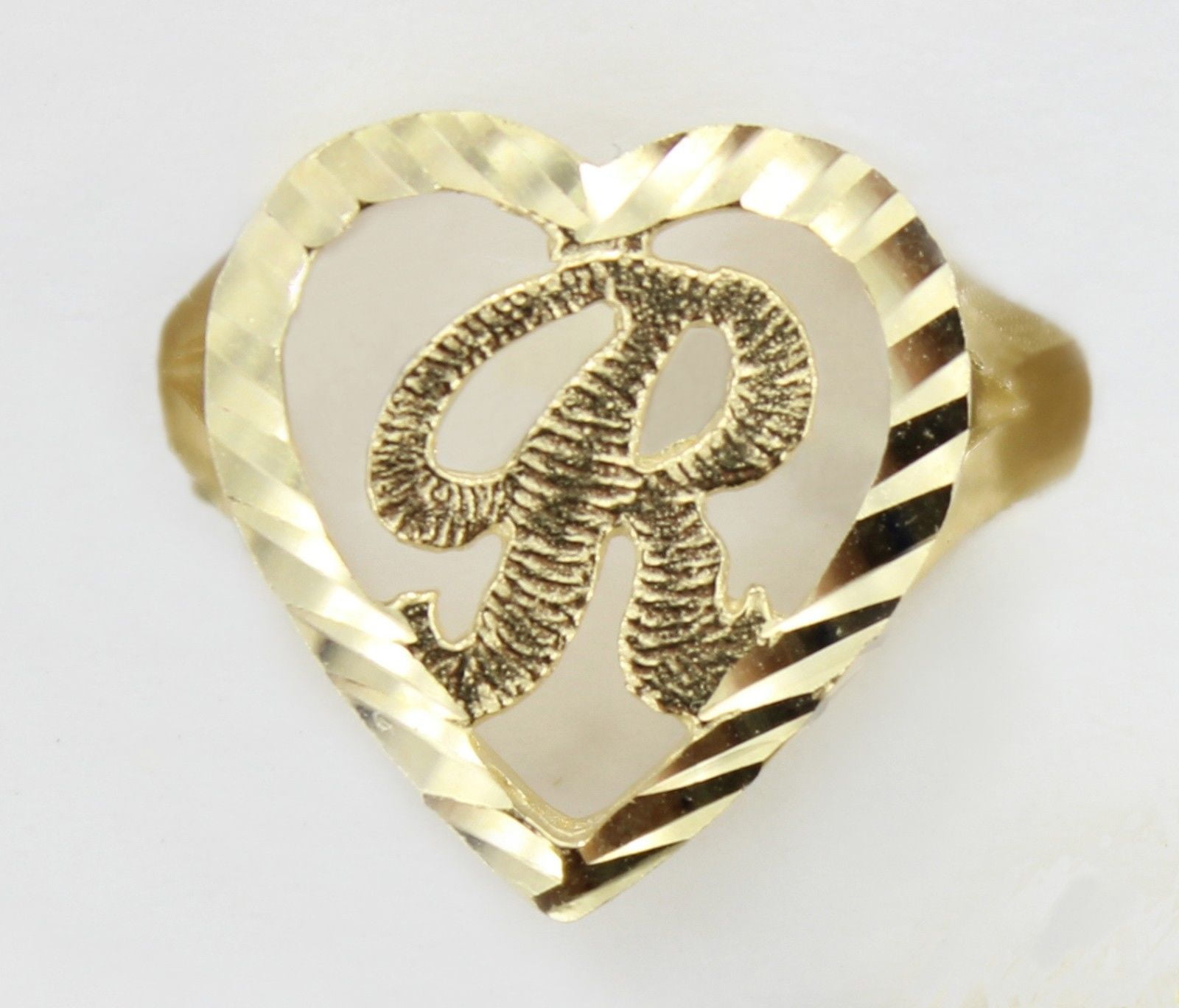 10K Solid Yellow Gold Round Heart Initial Leter Alphabet Ring A-Z ...