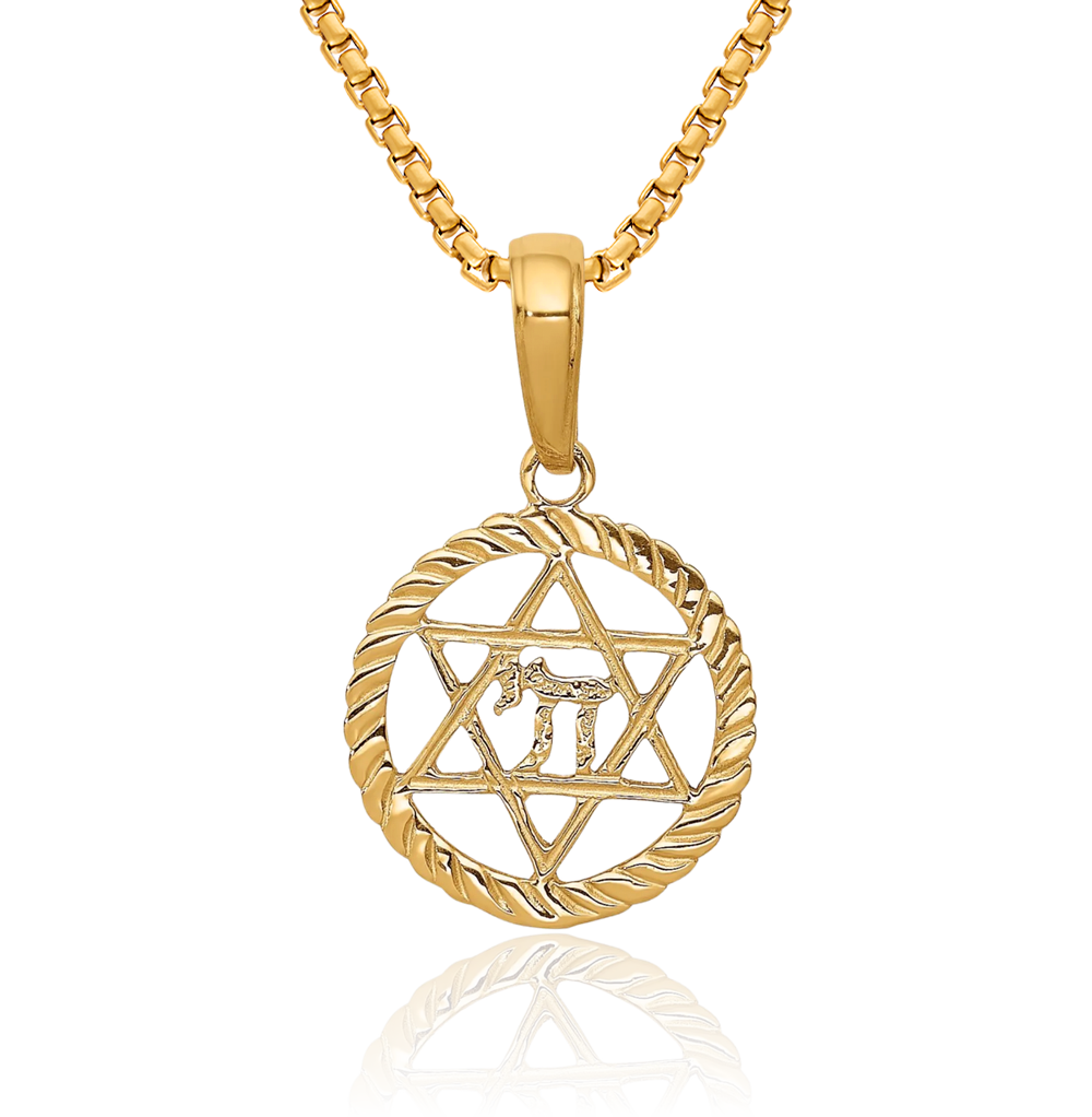 10K Solid Yellow Gold Star of David Jewish Magen Chai Hebrew Circle ...