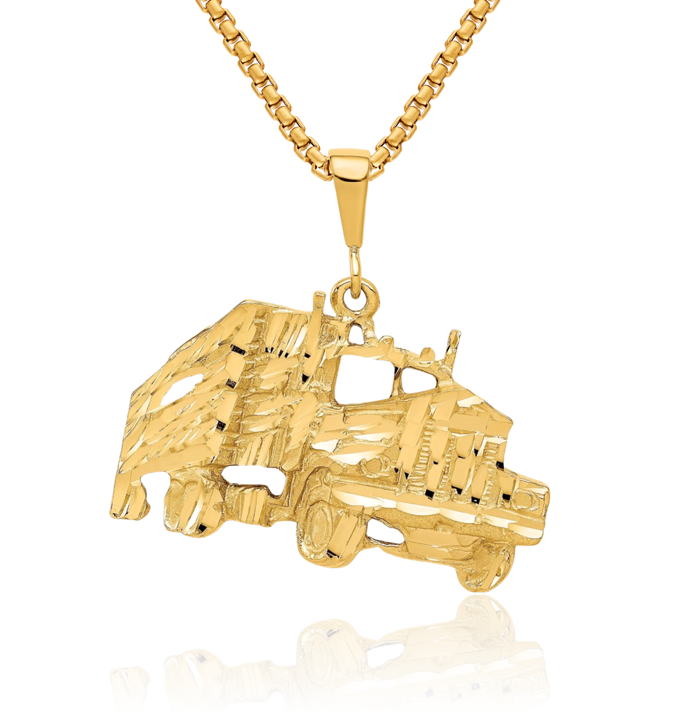 10K Solid Yellow Gold Truck Necklace Mechanic Trailer Trucker Pendant ...