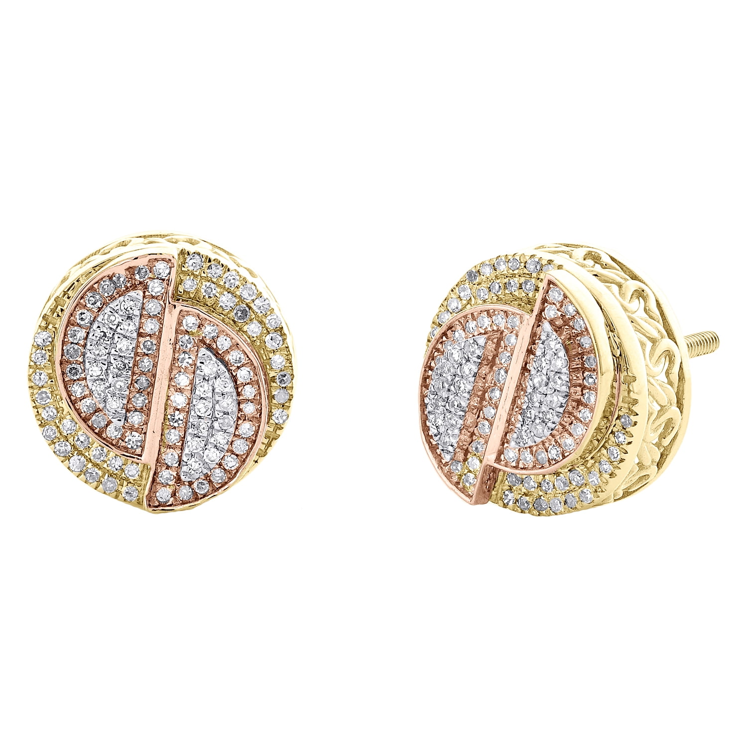 10K Tri-Color Gold Diamond 11mm Offset Pie Geometric Circle Stud ...
