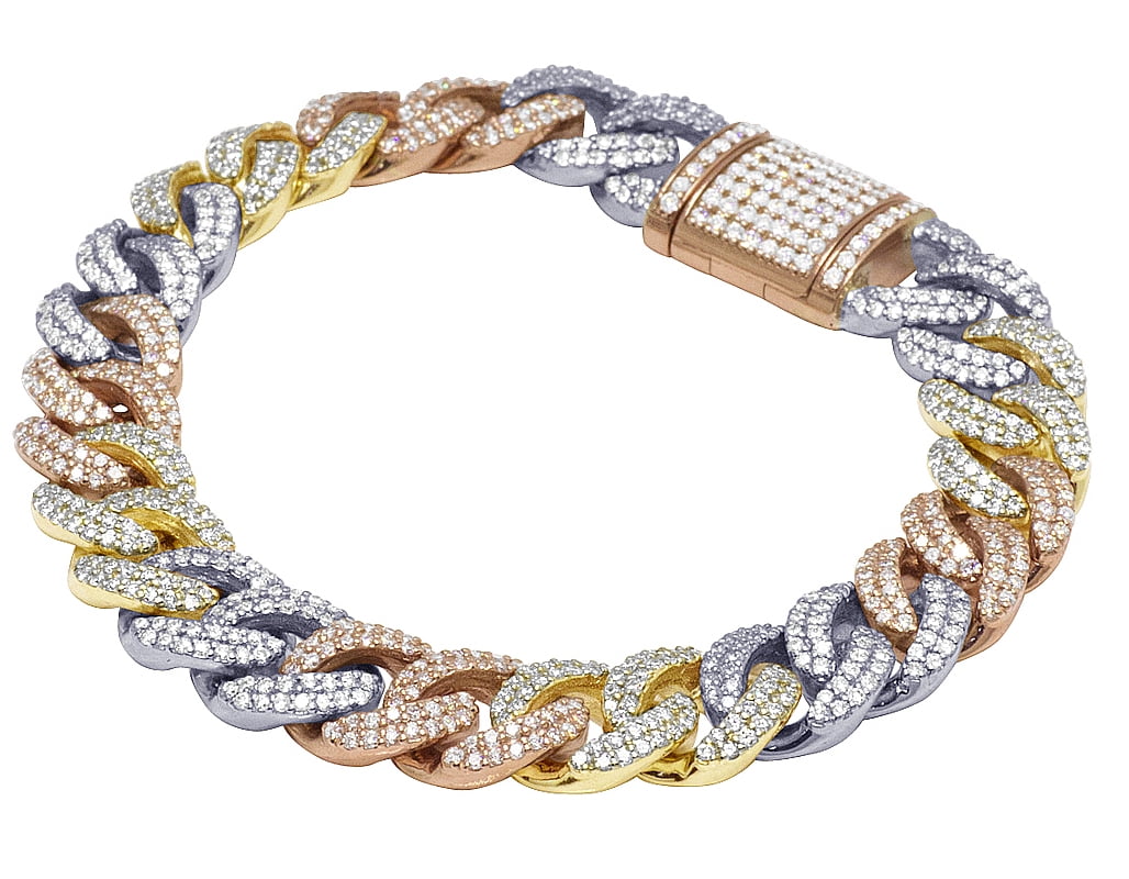 10K Tri-Color Gold Real Diamond Miami Cuban Bracelet 8.6 CT 12MM 8.5 ...