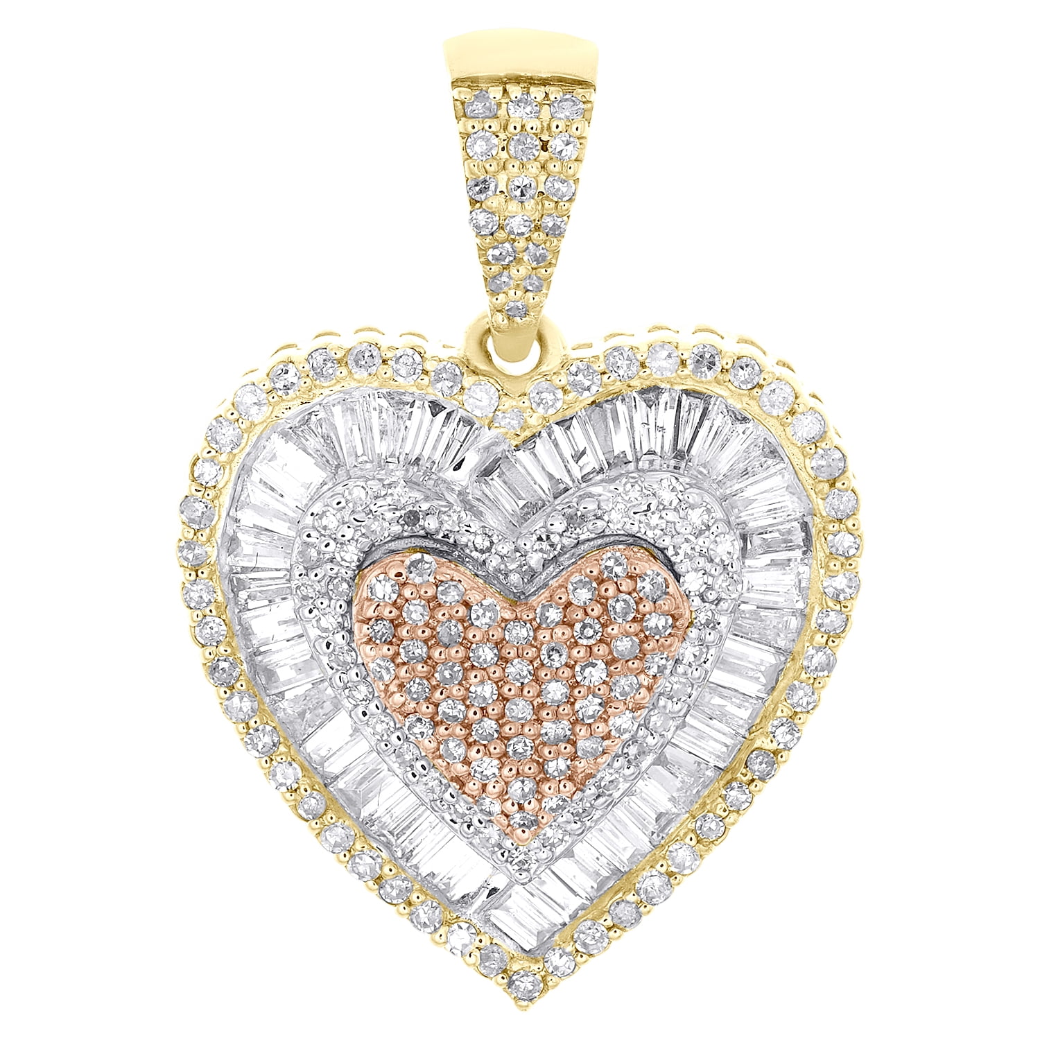10K Tri-Tone Gold Natural Baguette Diamond Womens Tier Halo Heart ...